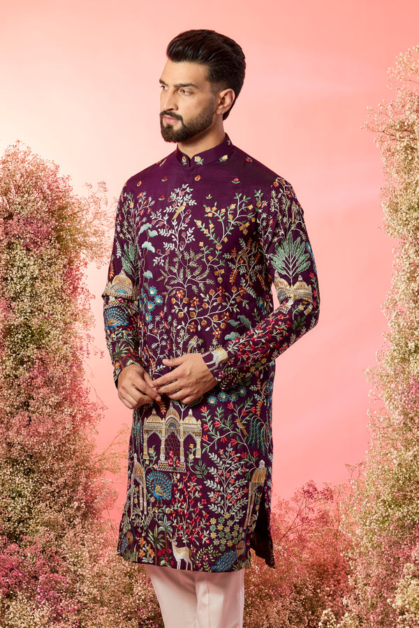 wine thread work kurta with intricate heritage - flora and fauna embroidery