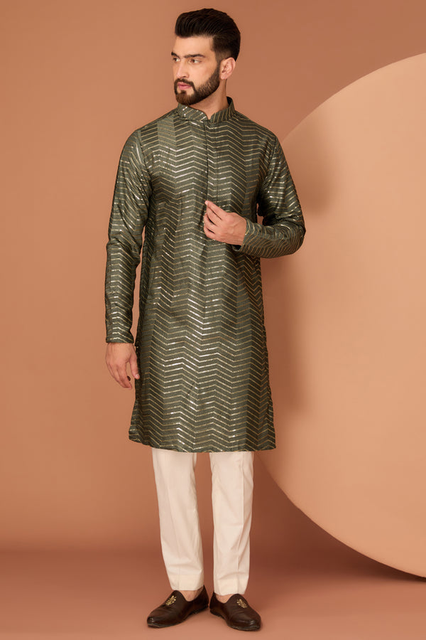 Military Green thread-work kurta with intricate sequin detailing