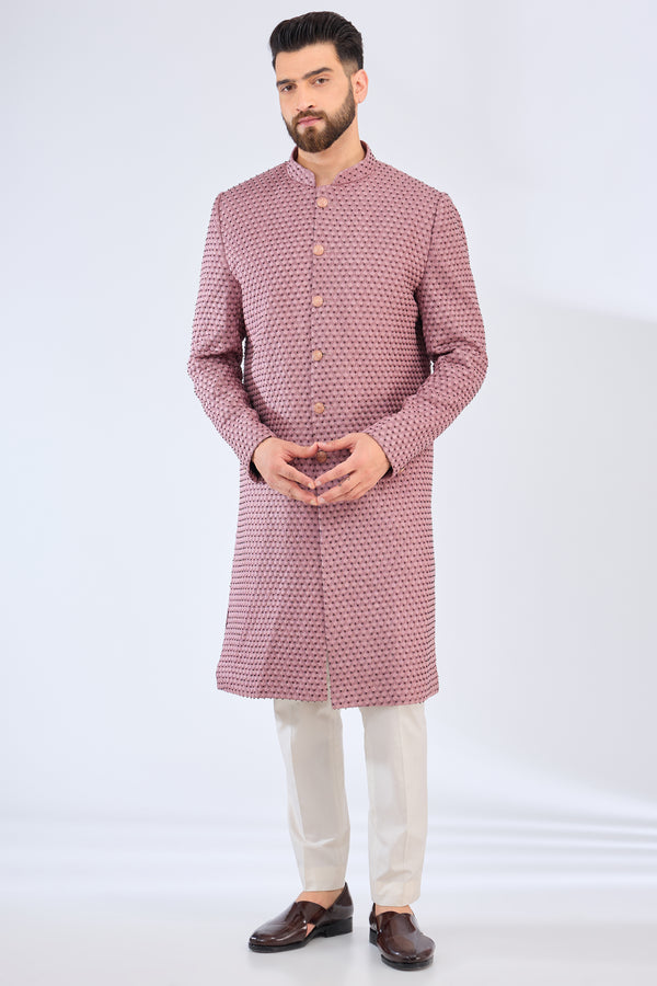 onion pink silk sherwani with cut dana work