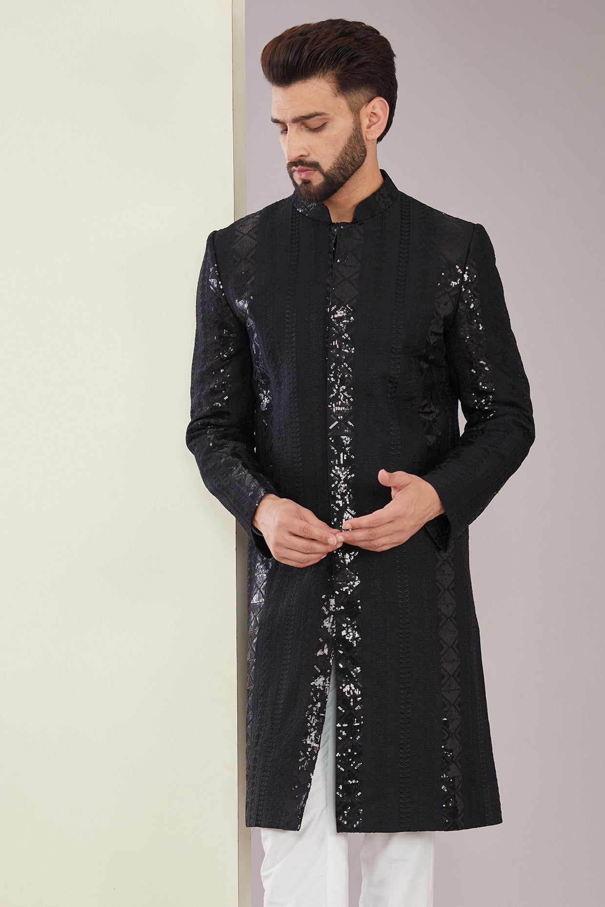 Formal Black Sequence Sherwani